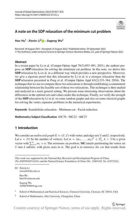 A Note On The Sdp Relaxation Of The Minimum Cut Problem Request Pdf