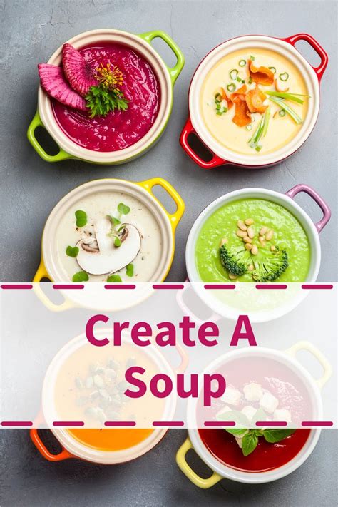 Several Bowls Filled With Soup On Top Of A Gray Surface And The Words Create A Soup Above Them