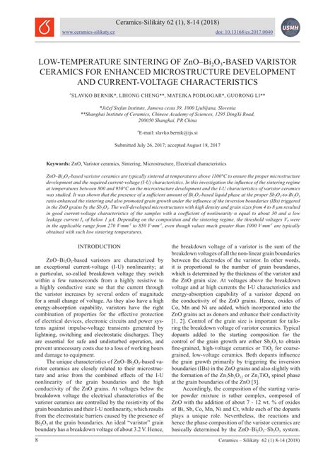 Pdf Low Temperature Sintering Of Zno Bi2o3 Based Varistor Ceramics For Enhanced Microstructure