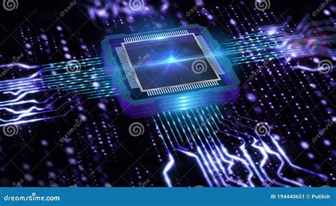 Futuristic Neon Microprocessor On Blue Background Microchip For Data Exchange Stock