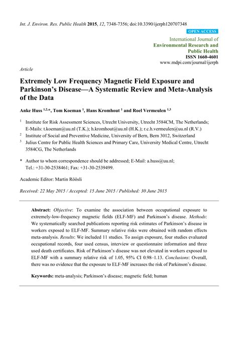 Pdf Extremely Low Frequency Magnetic Field Exposure And Parkinsons