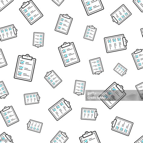 Clipboard With Checklist Seamless Pattern Line Icons On White Background High Res Vector Graphic