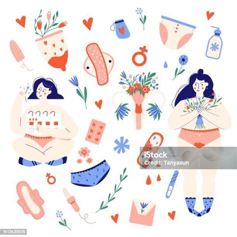 복통 두통으로 고통받는 꽃을 가진 여성 여성 규칙적인 월경주기 개념 여성 기간 월경 월경 전 증후군 자궁 손으로 그리기 벡터