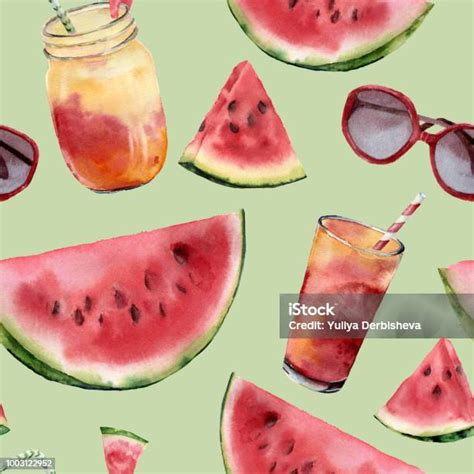 수채화 수 박 선 글래스와 칵테일 큰 완벽 한 패턴 손으로 그린된 수 박 쪼 갠 다 과일 칵테일 파스텔 녹색 배경에 절연과 함께 디자인 인쇄 또는 직물에 대 한 음식