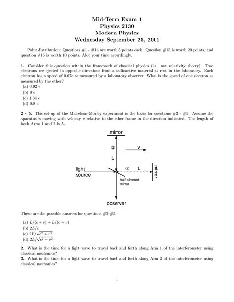 Modern Physics Midterm Exam 1 Phys 2130 Docsity