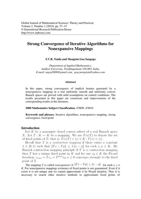 Pdf Strong Convergence Of Iterative Algorithms For Nonexpansive Mappings