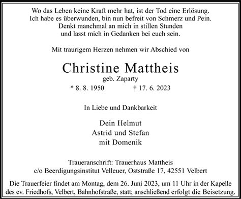 Traueranzeigen Von Christine Mattheis Trauer In Nrw De