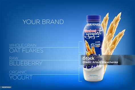 귀리와 원시 블루베리 병 준비 상업 Infographic 플라이어 현실적인 그림을 브랜딩 자연 마시는 요구르트의 벡터 광고 광고에 대한 스톡 벡터 아트 및 기타 이미지
