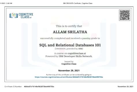 allam srilatha on linkedin certification issued by ibm on sql