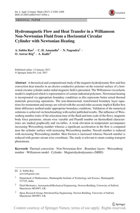 Hydromagnetic Flow And Heat Transfer In A Williamson Non Newtonian Fluid From A Horizontal