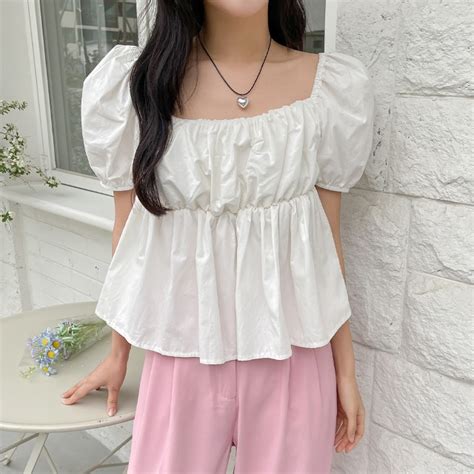 빅사이즈 55 88 로라 오프숄더 셔링 퍼프 블라우스 Dangdanggirl