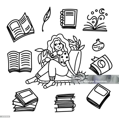책 낙서 그림입니다 다양한 종류의 책으로 둘러싸인 책을 든 소녀가 등장하는 벡터 아트웍으로 아늑하고 매력적인 분위기를 연출합니다 낙서 드로잉에 대한 스톡 벡터 아트 및 기타