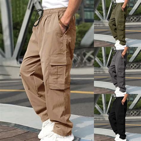 Men Casual Cargo Pants Elastic Waistband Drawstring Multi Pockets Hip