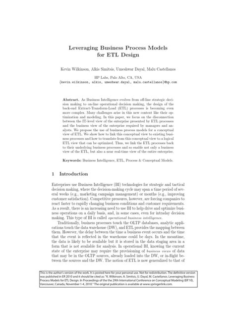 Wilkinson Et Al 2010 Leveraging Business Process Models For Etl
