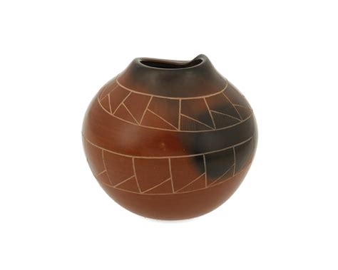 Polly Rose Folwell A Small Burnished Redware Vase With Geometric Sgraffito Banding And Black
