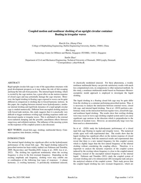 Pdf Coupled Motion And Nonlinear Sloshing Of An Upright Circular Container Floating In