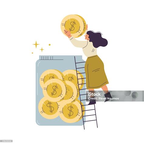 여자 캐릭터 자본 돈 황금 동전 항아리 벡터 일러스트 레이 션을 넣어 통화에 대한 스톡 벡터 아트 및 기타 이미지 통화