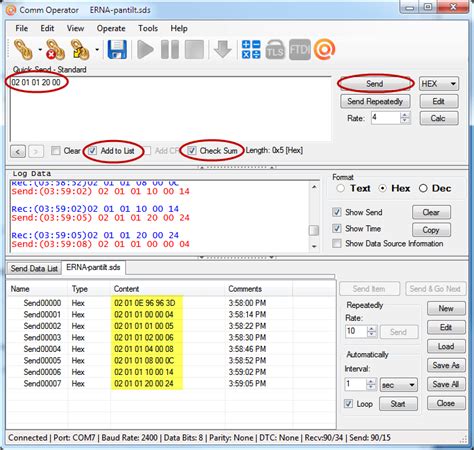 test erna protocol with comm operator serial port tool