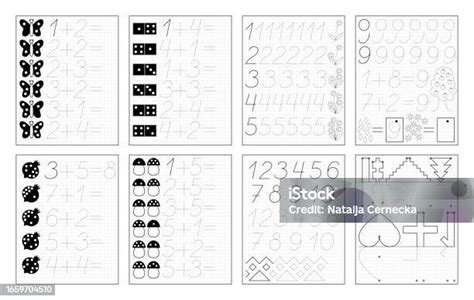 아이들을 위한 정사각형 종이에 흑백 교육 페이지 세트 어린이 학교 교과서를 위한 인쇄 가능한 워크시트 계산 그리기 쓰기 및 추적 기술 개발 숫자 쓰기를 배우십시오 연습하기에