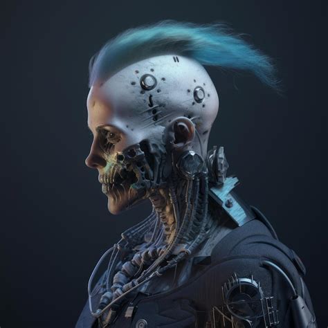 Premium Photo Cyberpunk Robot Criminal Hacker Scifi Cyborg With Skull And Mohawk Hair Digital