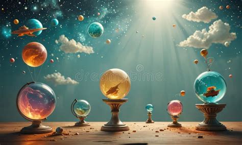 A Collection Of Glass Balls Are Arranged In A Row With The Sun Shining On Them Stock