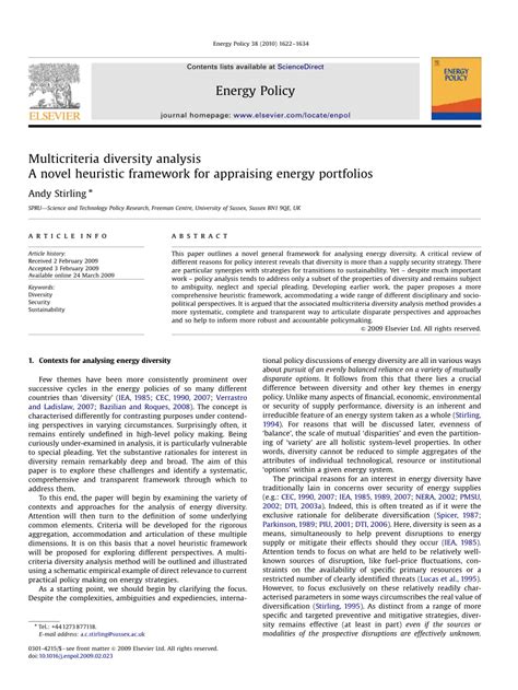 Pdf Multicriteria Diversity Analysis A Novel Heuristic Framework For Appraising Energy Portfolios