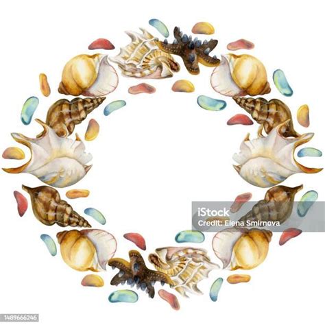 손으로 그린 수채화 이국적인 바다 조개와 화려한 유리 불가사리 원형 화환 프레임 흰색 배경에 격리 디자인 벽 예술 결혼식 인쇄 직물 표지 카드 관광 여행 책자 0명에 대한