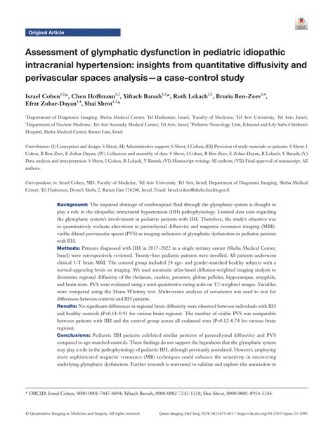 Pdf Assessment Of Glymphatic Dysfunction In Pediatric Idiopathic Intracranial Hypertension