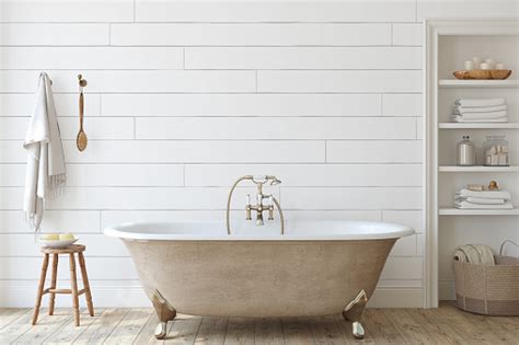 帶船牆的農舍浴室3d 渲染 照片檔及更多 浴缸 照片 浴缸 廁所 建築物 搭疊 Istock
