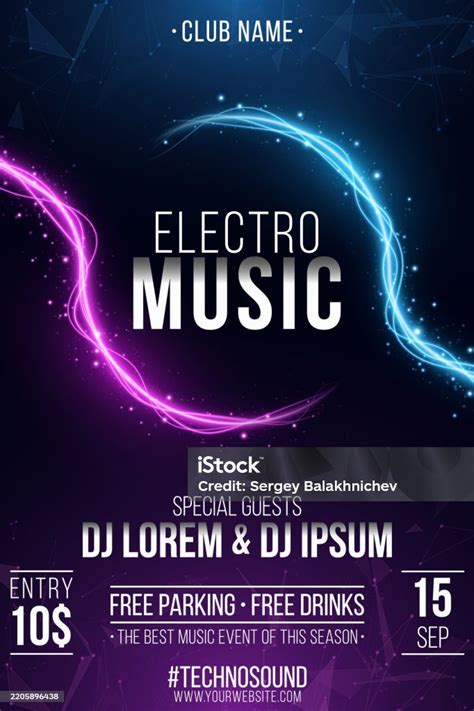 일렉트로 뮤직 파티 전단지 마법의 가루가 있는 물결 모양의 선의 빛나는 네온 프레임 조명 효과로 음악이 진동합니다 Dj와 클럽 이름 뮤지컬 이벤트 디자인 벡터 일러스트 레이