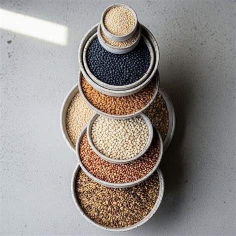 Ceramic Bowls Filled With Various Grains And Seeds Create A Pyramid