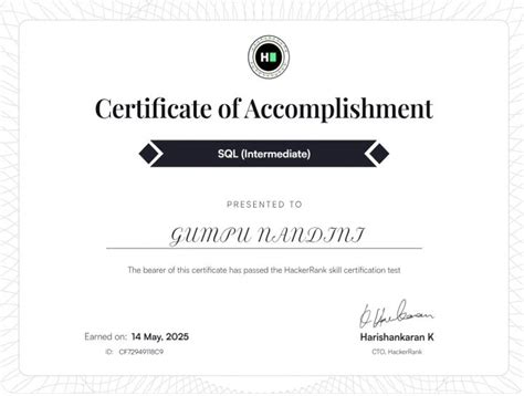 Passed Sql Intermediate Certification On Hackerrank Gumpu Nandini