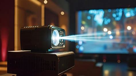 Premium Photo Black Projector Projecting A Bright Blue Light Onto A Large Screen In A Dark Room