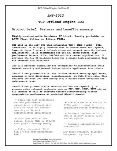 Int 1012 Tcp Offload Engine Soc Product Brief Features Intilop