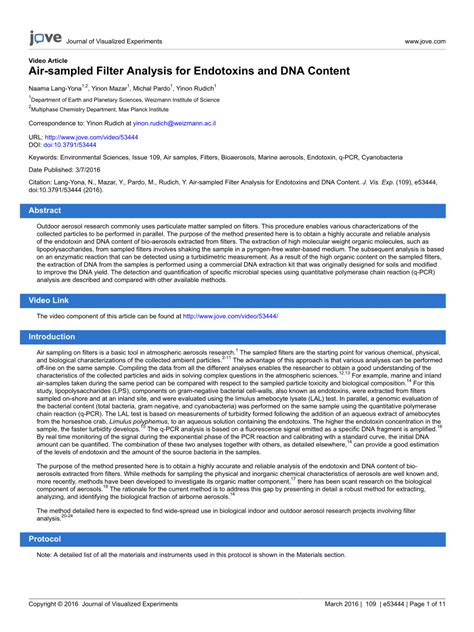 Pdf Air Sampled Filter Analysis For Endotoxins And Dna Content