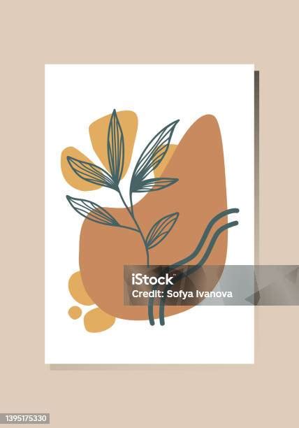 벡터 추상 구성 보호 스타일 추상적 인 모양 선 및 나뭇잎의 기하학적 패턴 흙 같은 색상 인테리어 디자인 포스터 엽서 인쇄 배너에 사용 0명에 대한 스톡 벡터 아트 및 기타