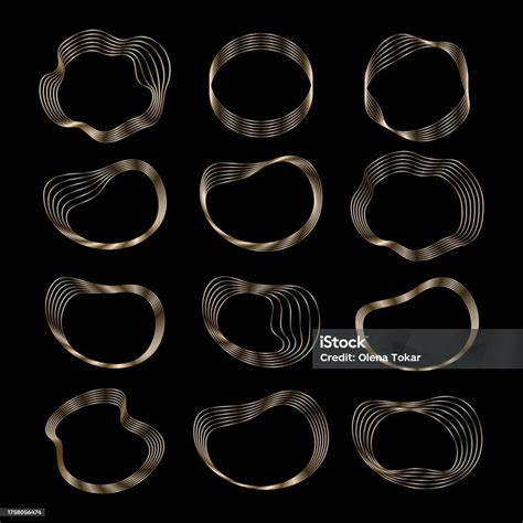 검은 배경에 타원형 물결 모양의 황금 프레임 세트 아르 데코 스타일의 금색 요소 추상 선형 객체로 구성된 벡터 로고에 대한 스톡 벡터 아트 및 기타 이미지 Istock