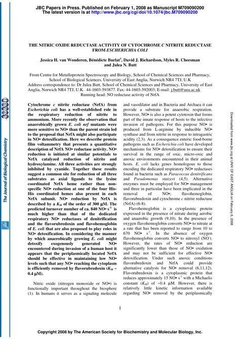 Pdf The Nitric Oxide Reductase Activity Of Cytochrome C Nitrite Reductase From Escherichia Coli