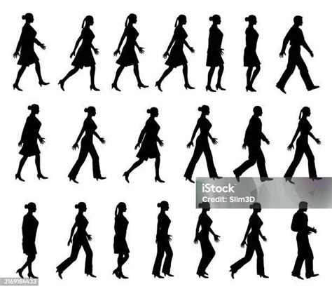 흰색 배경에 고립 된 걷는 사람들의 실루엣으로 설정됩니다 걷는 남자와 여자 벡터 일러스트 레이 션 걷기에 대한 스톡 벡터 아트 및 기타 이미지 Istock