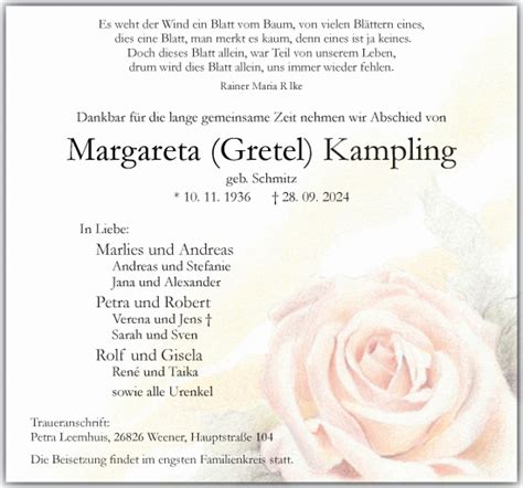 Traueranzeigen Von Margareta Kampling Noz Trauerportal