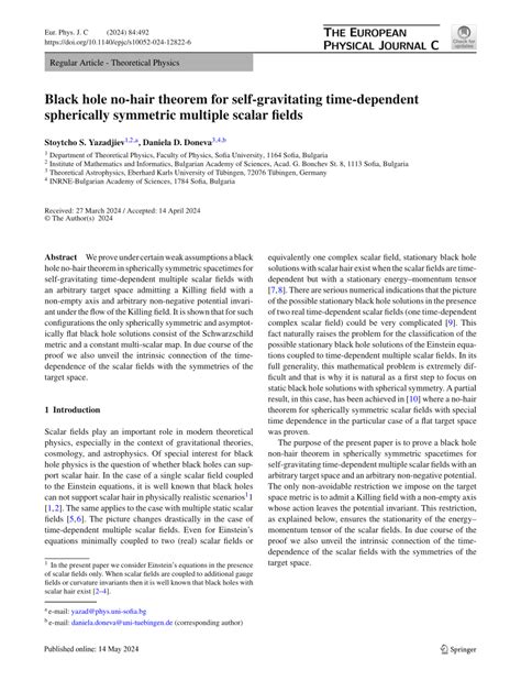 Pdf Black Hole No Hair Theorem For Self Gravitating Time Dependent Spherically Symmetric