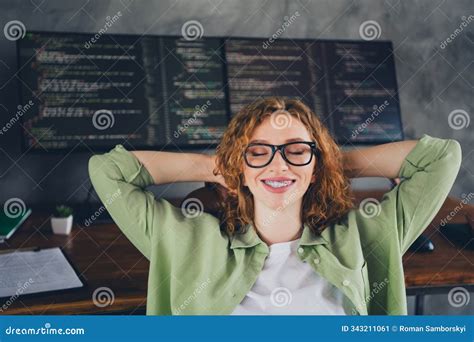 Photo Of Young Hacker Programmer Girl Sit Chair Closed Eyes Sleep Wear Shirt Workstation Loft