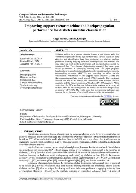 Improving Support Vector Machine And Backpropagation Performance For Diabetes Mellitus