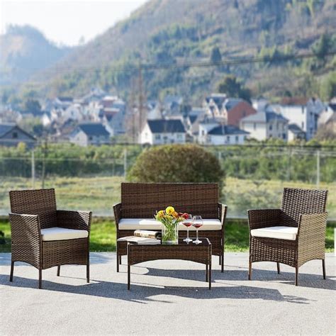 Firnewst Brown 4 Piece Outdoor Sofa Set Patio Rattan Wicker Conversation Set With Coffee Table