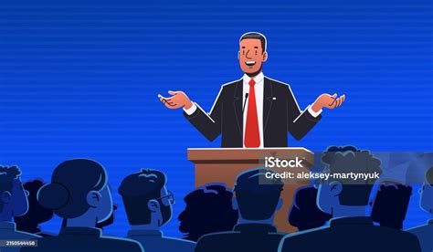 정치인이나 사업가가 청중 앞에서 연단에서 연설하는 것 연설자 선거 공약국회의원 후보 경영자에 대한 스톡 벡터 아트 및 기타 이미지 경영자 기업 비즈니스 남자 Istock