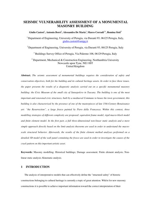 Pdf Seismic Vulnerability Assessment Of A Monumental Masonry Building