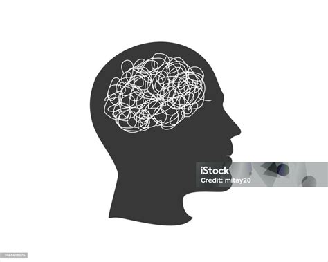 지저분한 한 줄로 뇌가 있는 인간의 머리 실루엣을 가진 벡터 일러스트 정신 장애의 트렌디 한 개념 해결책을 찾는 혼란스러운 사고
