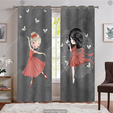 پرده دخترانه طرح فرشته و دختر بچه با لباس قرمز و زمینه طوسی تیره Wa