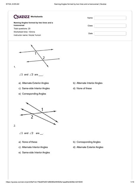 Quizizz Naming Angles Formed By Two Lines And A Transversal Pdf