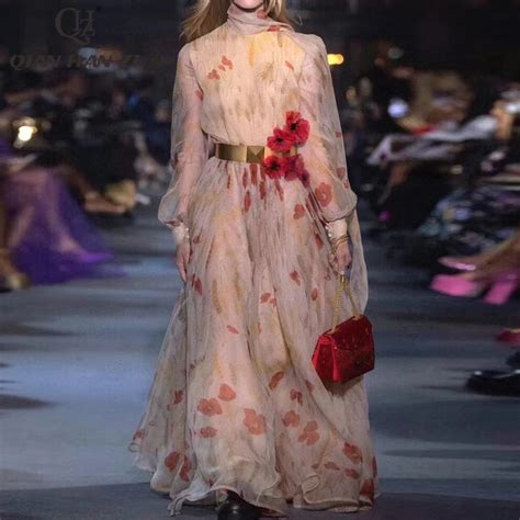 키안 한 지 패션 활주로 홀리데이 비치 맥시 드레스 스카프 칼라 빈티지 플라워 밀 프린트 롱 드레스 여성 봄 여름드레스 Aliexpress